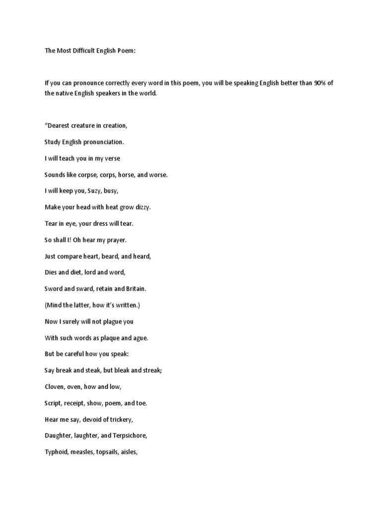 The Most Difficult English Poem | PDF