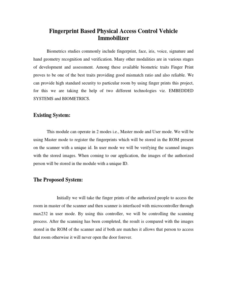 Fingerprint Based Physical Access Control Vehicle Immobilizer | PDF