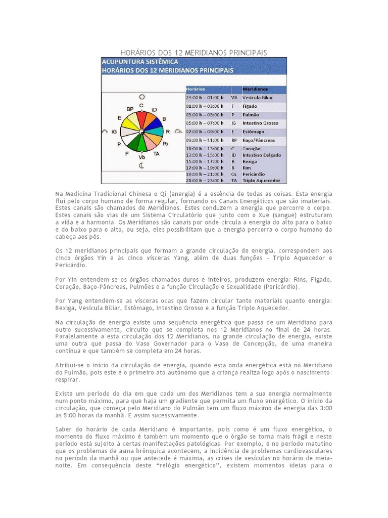 Horários Dos 12 Meridianos Principais | PDF | Meridiano (acupuntura ...