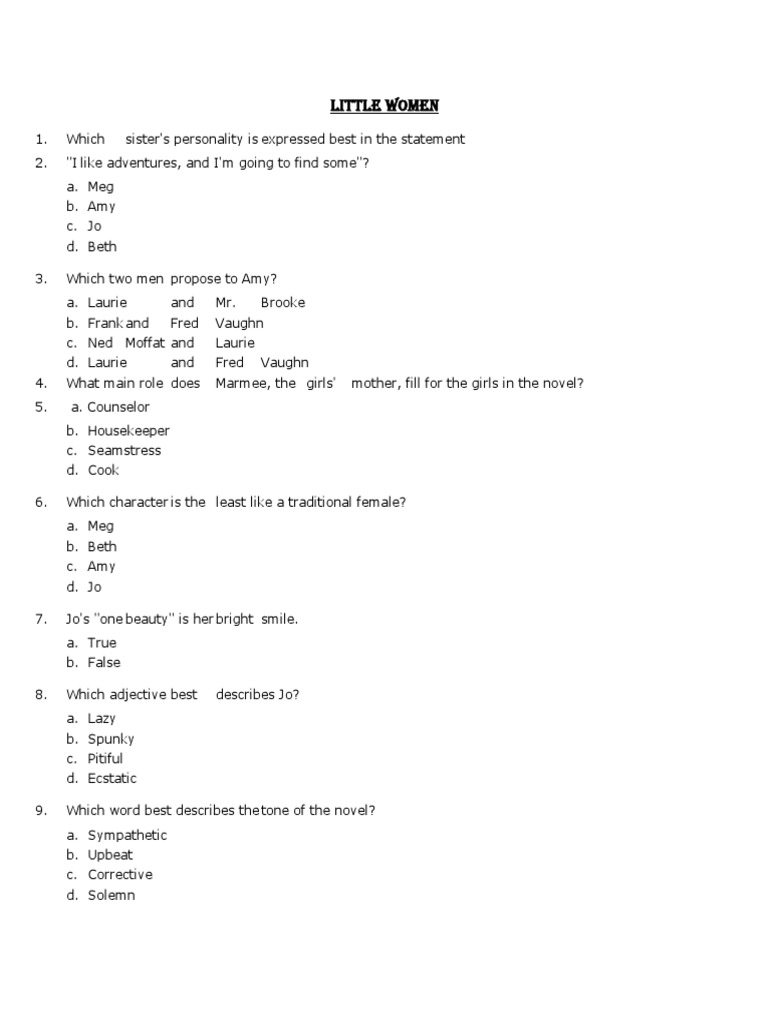 Little Women Quiz Reading Comprehension Exercises 68936 | PDF | Mystery ...