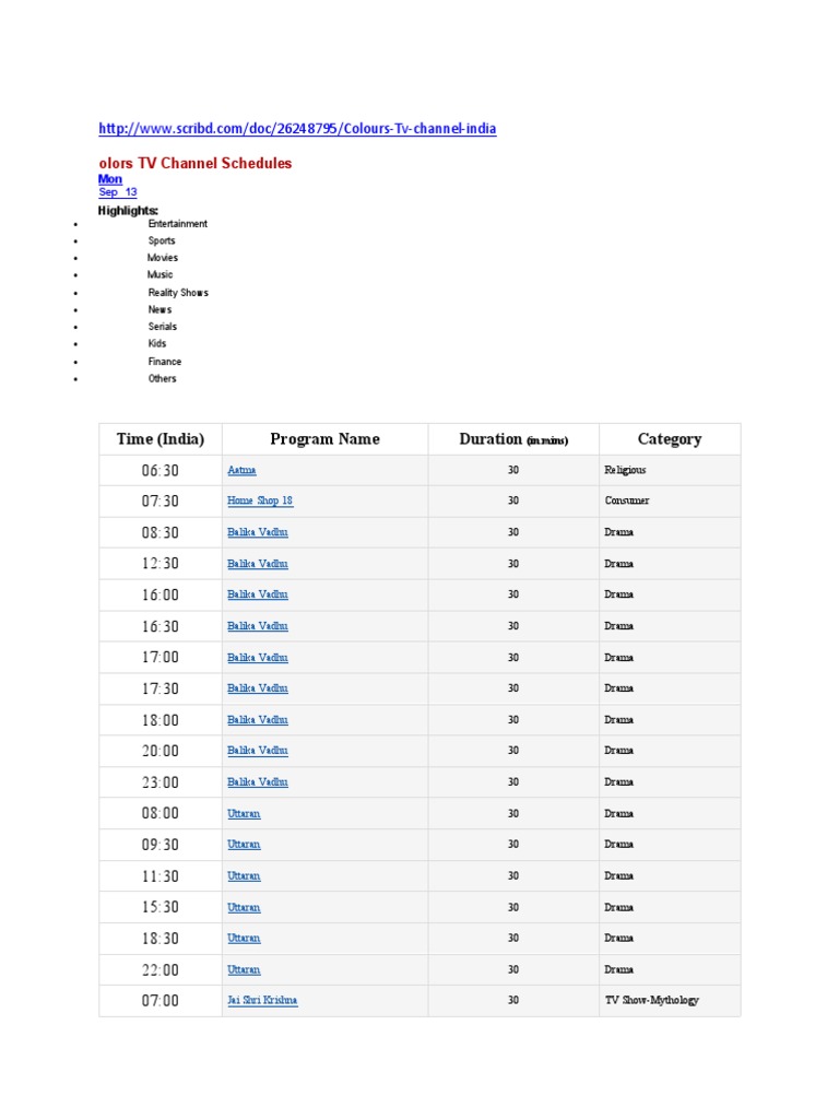Colors TV Channel Schedules | PDF | Bollywood | Leisure