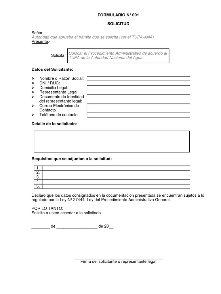Formulario 001 Solicitud ANA | PDF