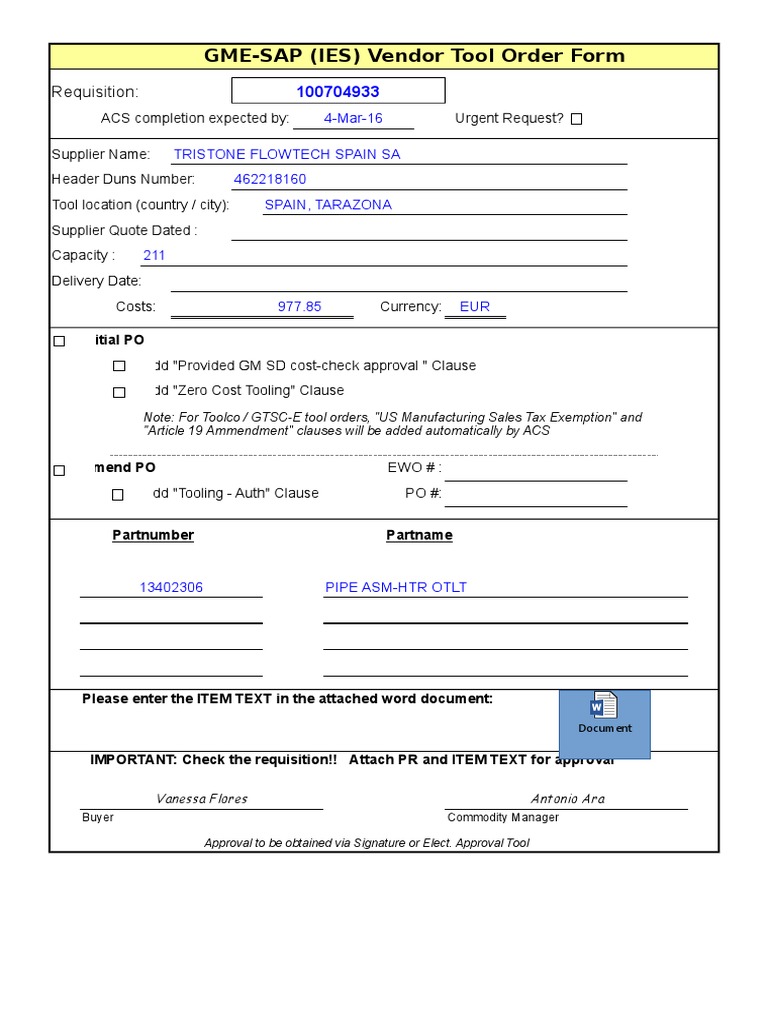 GME-SAP (IES) Vendor Tool Order Form: Requisition | PDF