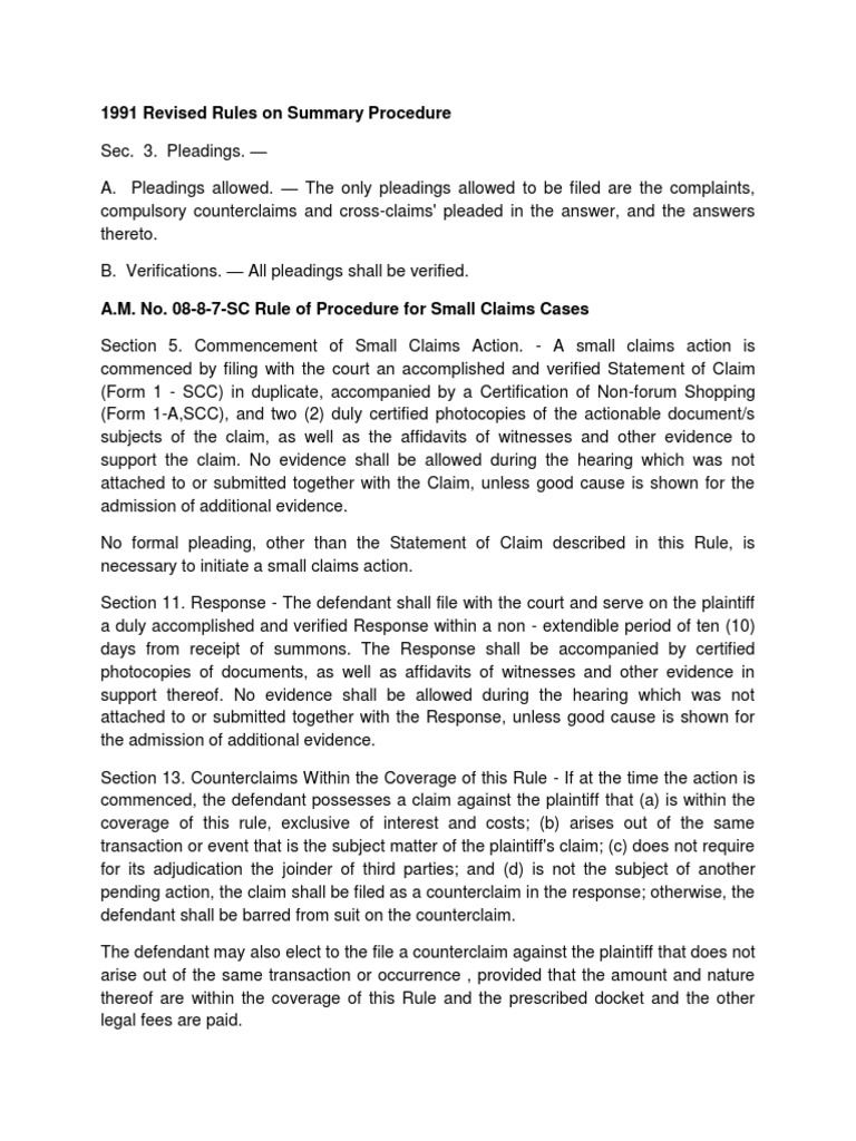 1991 Revised Rules On Summary Procedure | PDF | Pleading | Cause Of Action