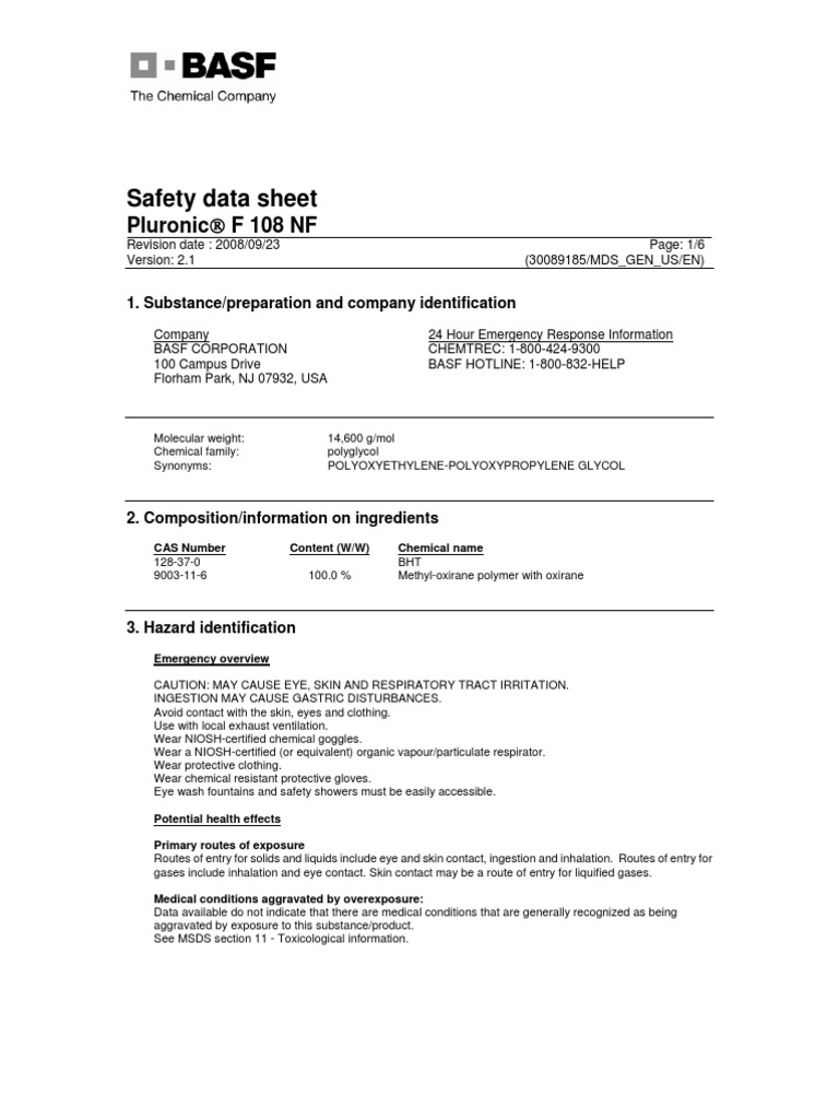 Safety Data Sheet: Pluronic | Download Free PDF | Toxicity | Personal ...