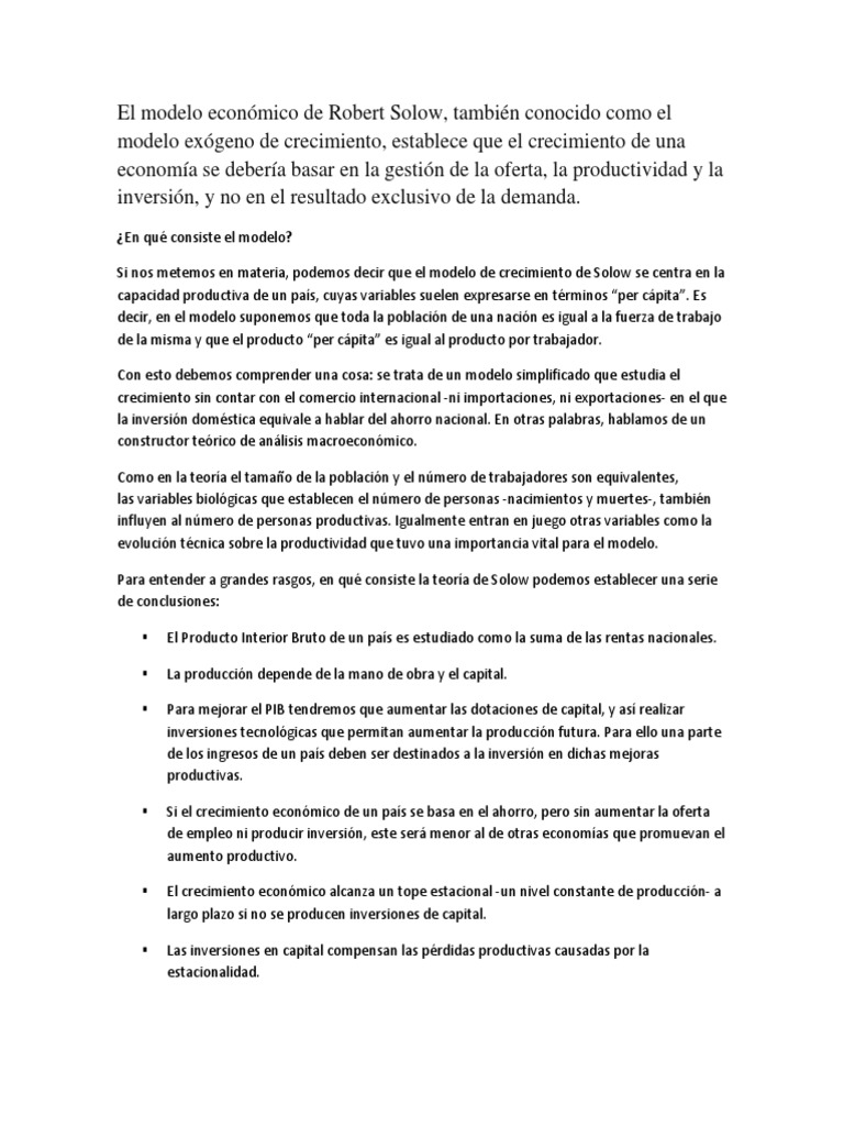 El Modelo Económico de Robert Solow | PDF | Crecimiento económico | Macroeconómica