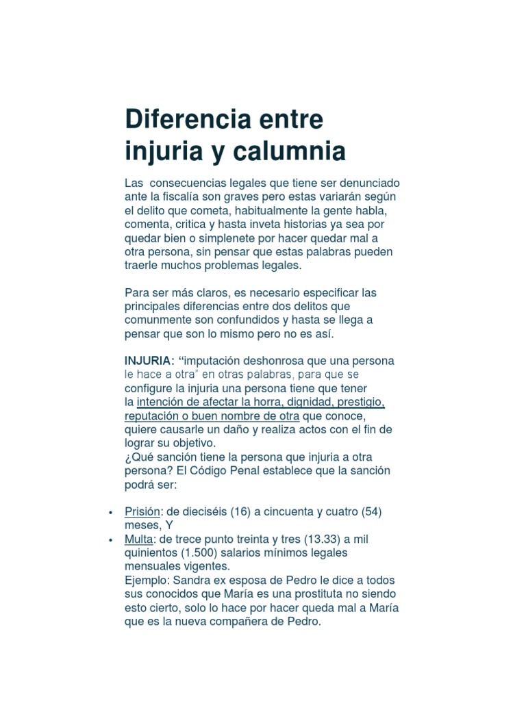 Diferencia Entre Injuria y Calumnia | PDF | Difamación | Gobierno Diferencia Entre Injuria y Calumnia | PDF | Difamación | Gobierno