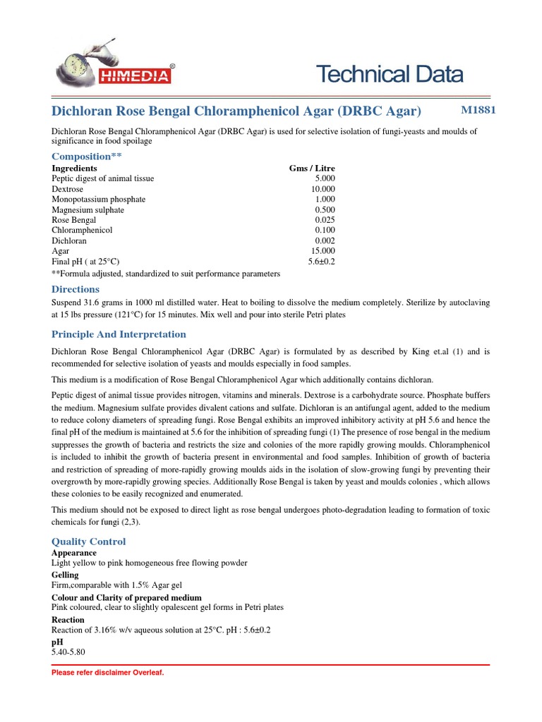 Dichloran Rose Bengal Chloramphenicol Agar (DRBC Agar) : Composition ...