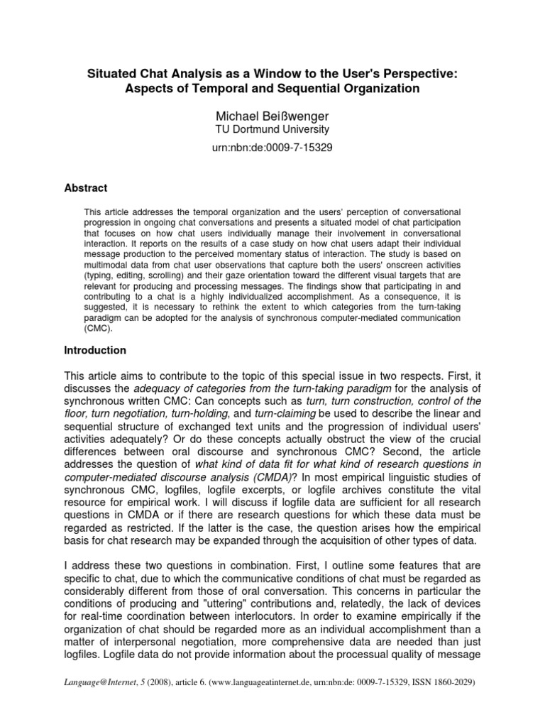 Situated Chat Analysis As A Window To The User's Perspective: Aspects ...