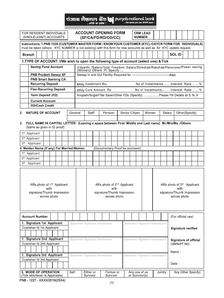 PNB 1227 - Account Opening Form | PDF