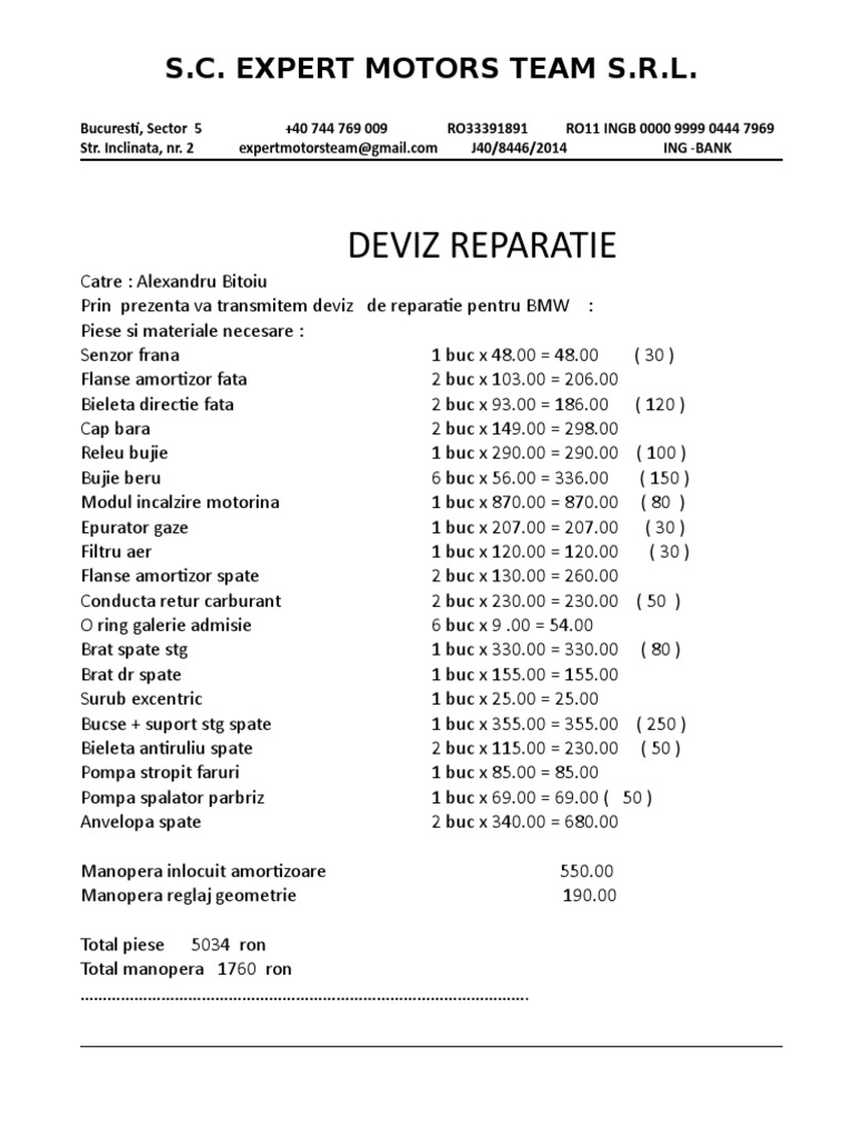 Deviz Reparatie: S.C. Expert Motors Team S.R.L | PDF