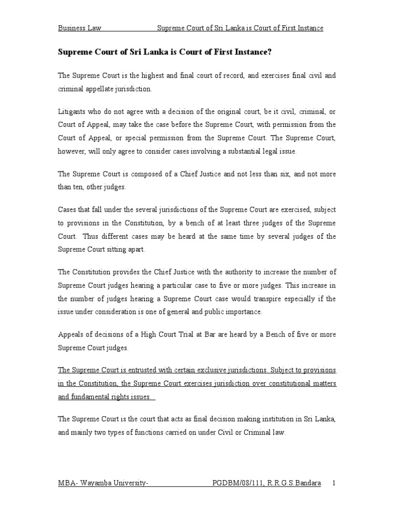 Supreme Court of Sri Lanka is Court of First Instance | Supreme Courts ...