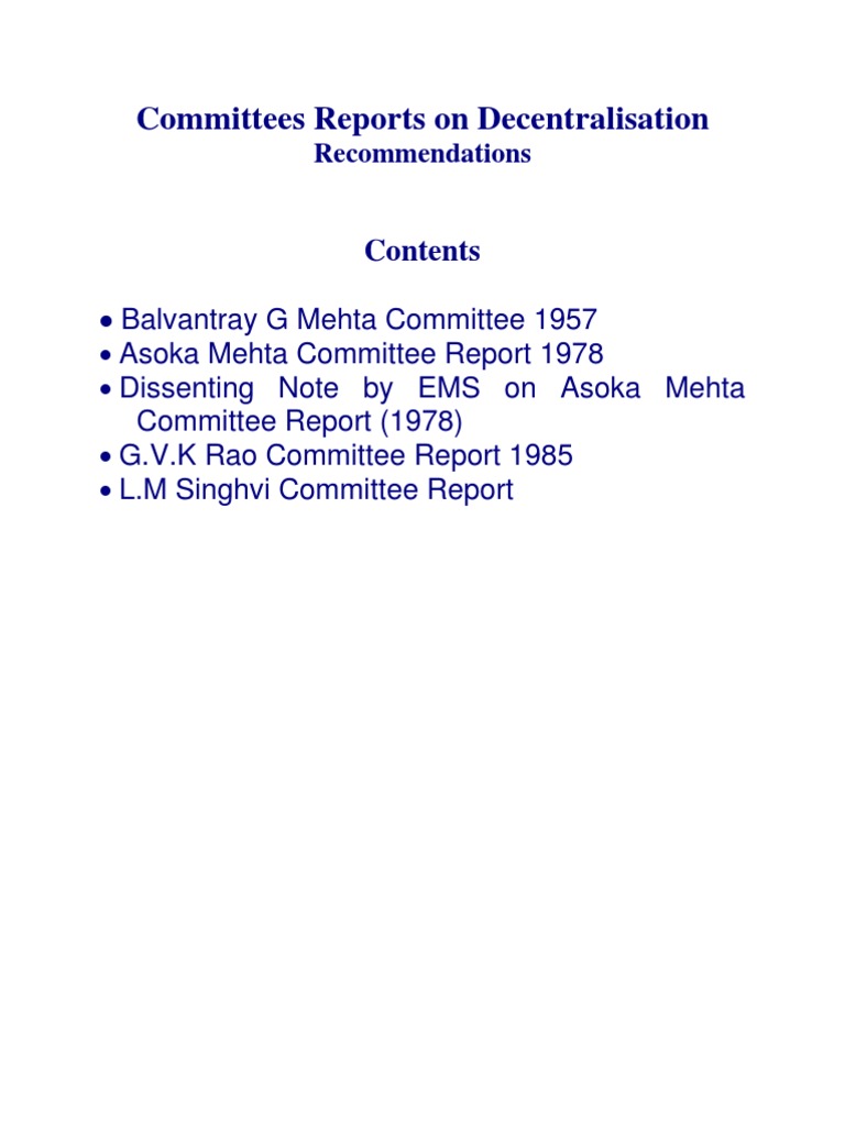 Committees On Decentralisation (Government of India) : Recommendations ...
