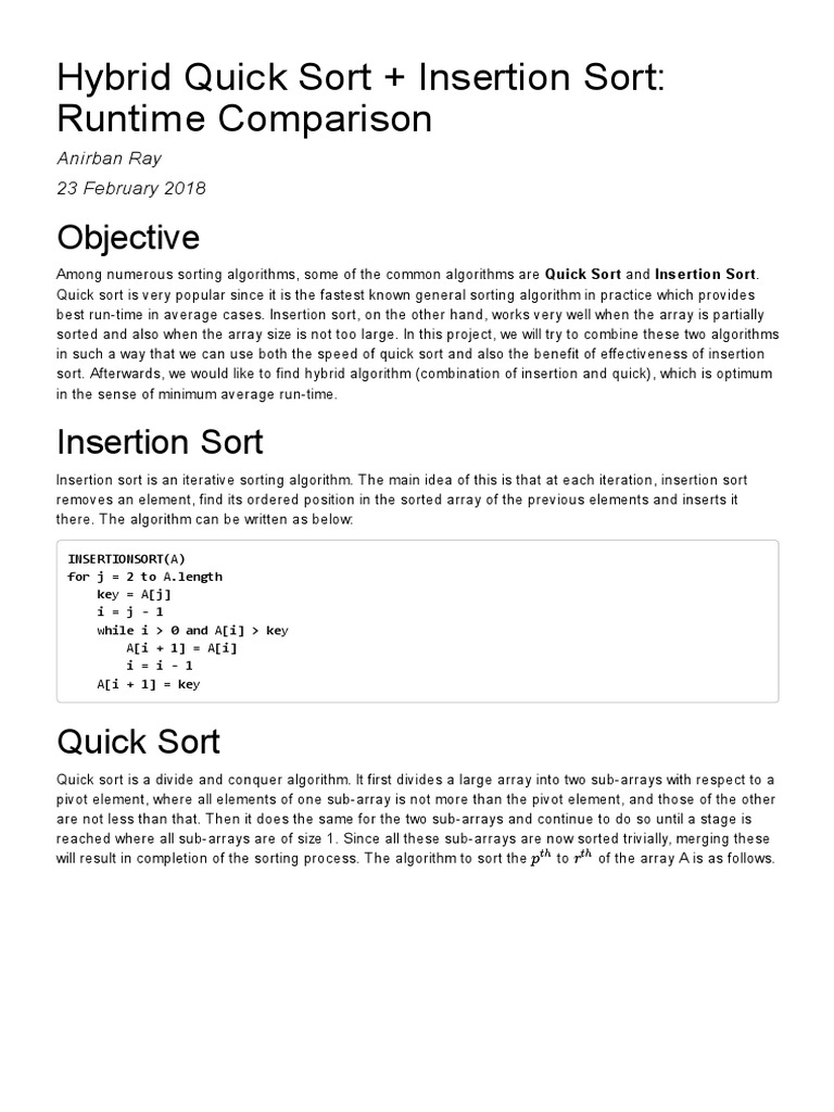 Hybrid Quick Sort + Insertion Sort - Runtime Comparison | PDF | Algorithms And Data Structures ...