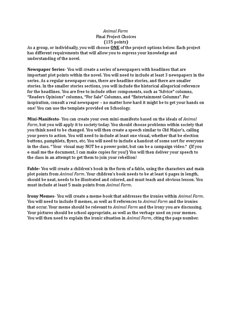 Animal Farm Final Projects Honors | PDF | Fable | Books