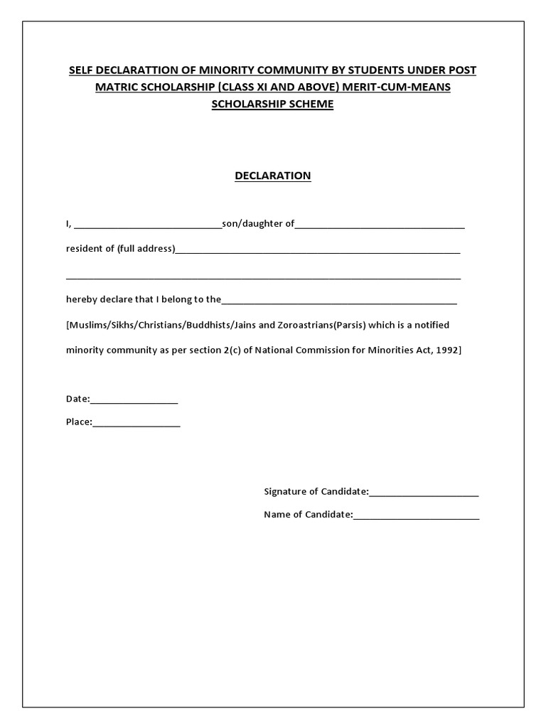 Self Declaration of Minority Community by Students Under Post Matric ...