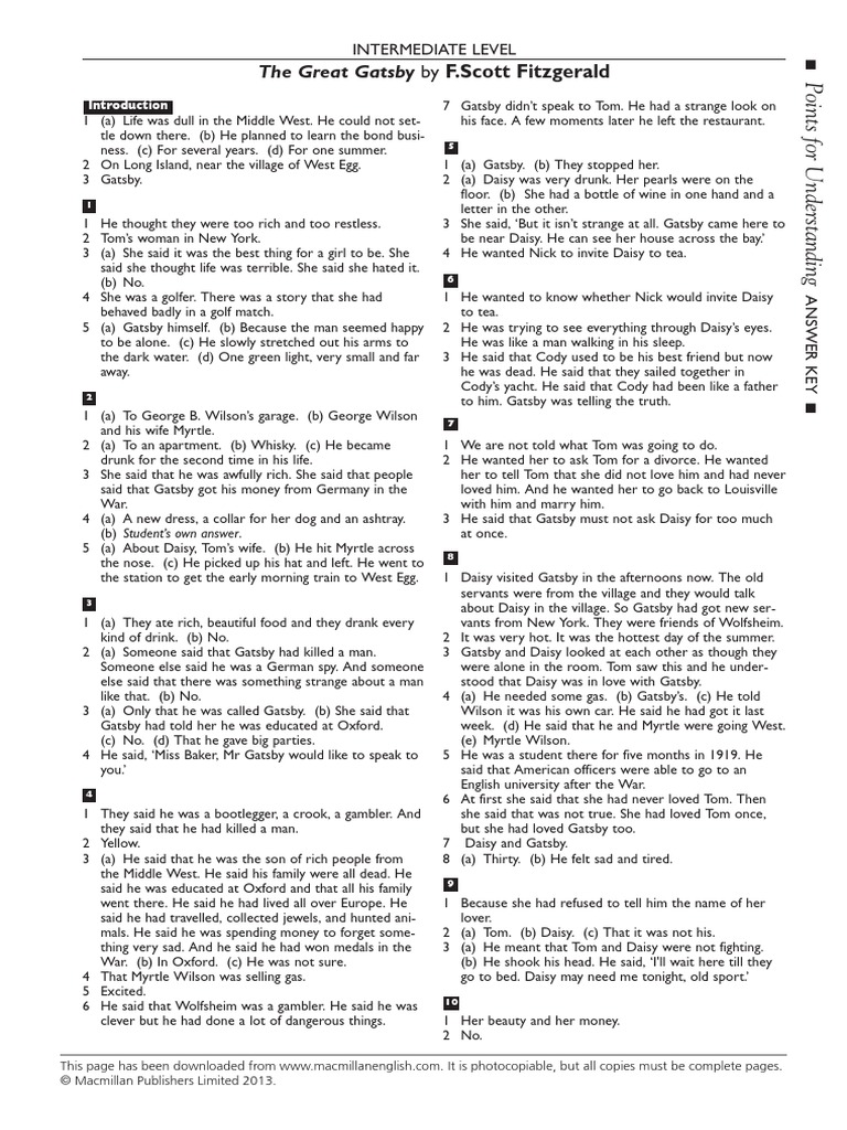 Great Gatsby Points For Understanding Answer Key | PDF | The Great Gatsby