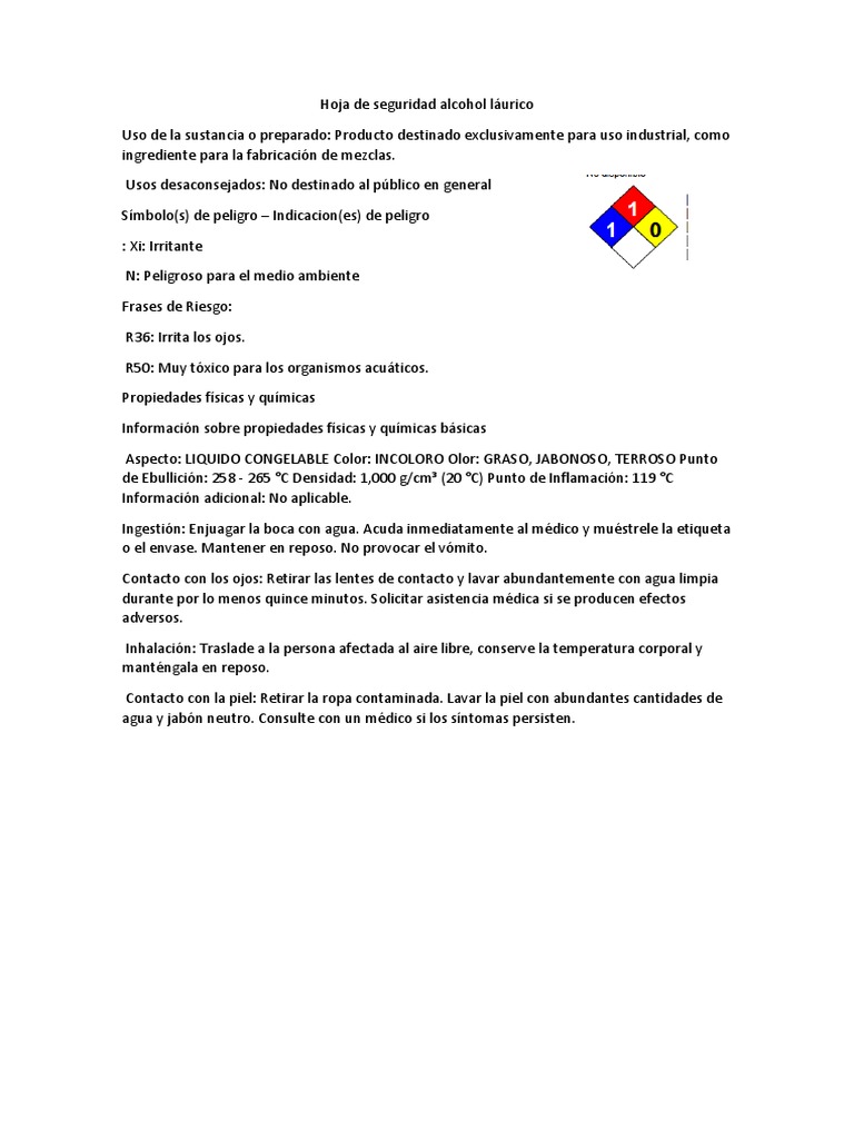 Hoja de Seguridad: Alcohol Láurico | PDF | Quemar | Alcohol