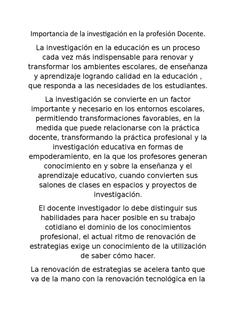 La Importancia de La Investigacion en La Profesion Docente | PDF