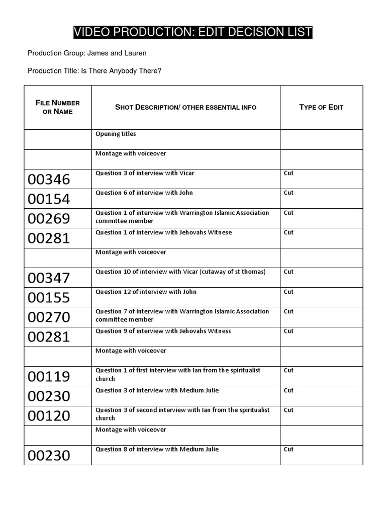 Video Production: Edit Decision List: F N N S D / T E | PDF