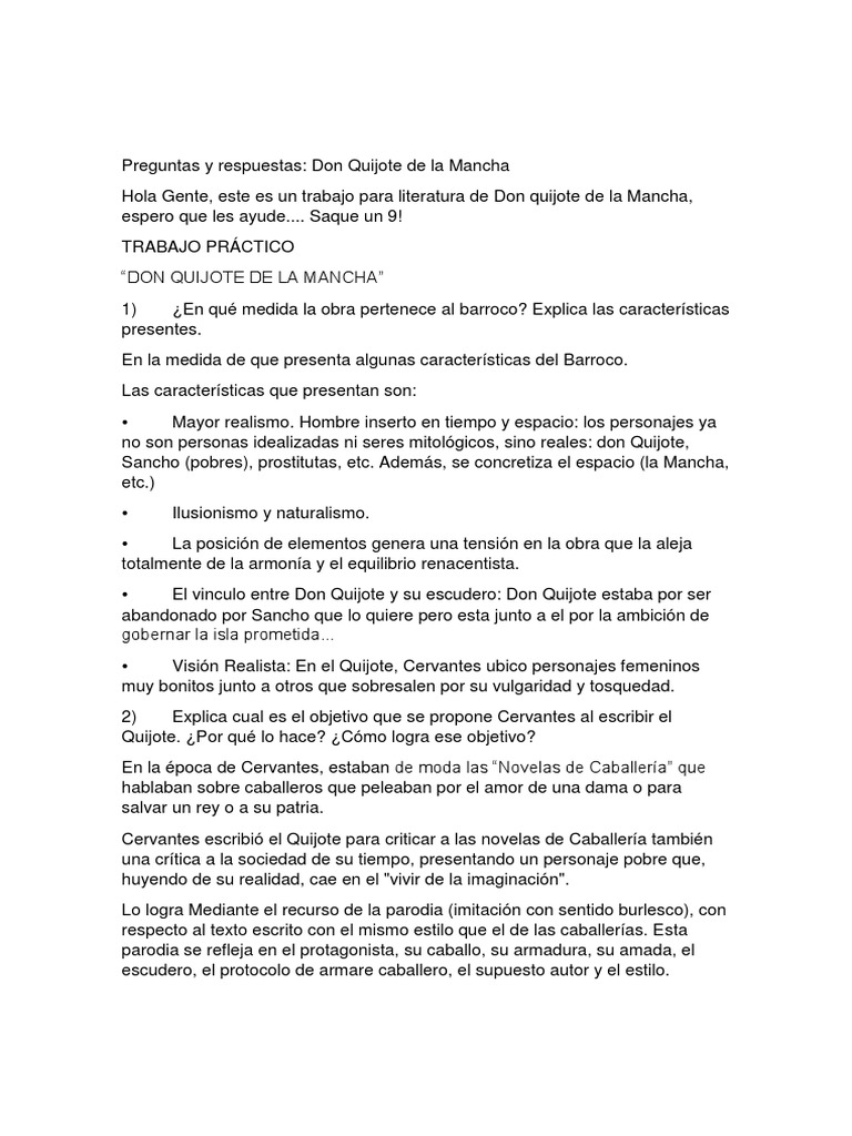 Preguntas y respuestas sobre Don Quijote | PDF | Don Quijote | Miguel ...