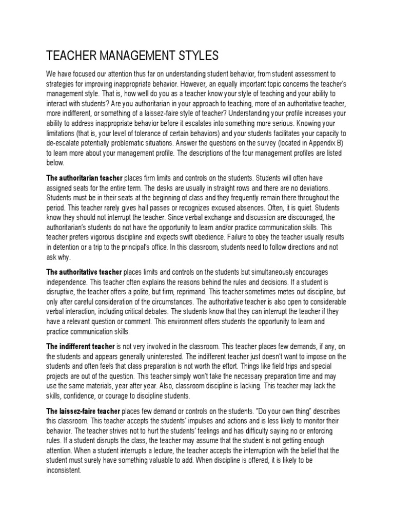 Teacher Management Styles | PDF | Classroom | Teachers