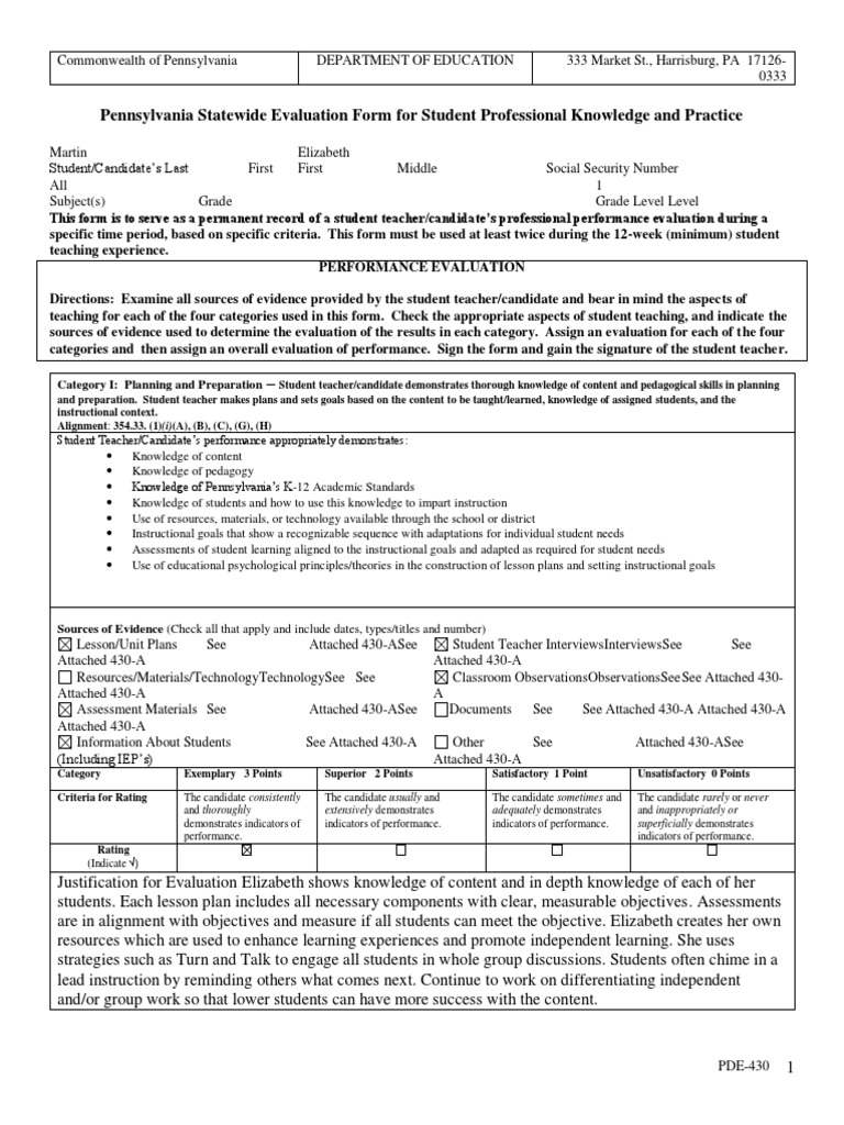 PDE-430 Student Evaluation Form | PDF | Educational Assessment | Teachers