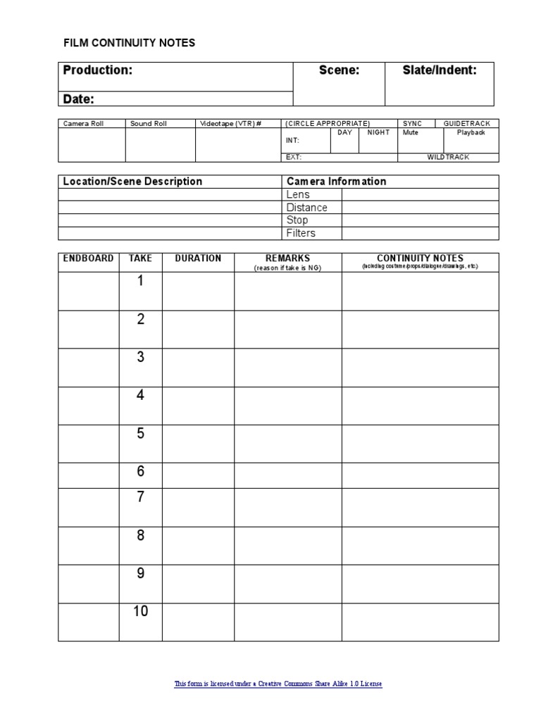 Film Continuity Notes Template | PDF