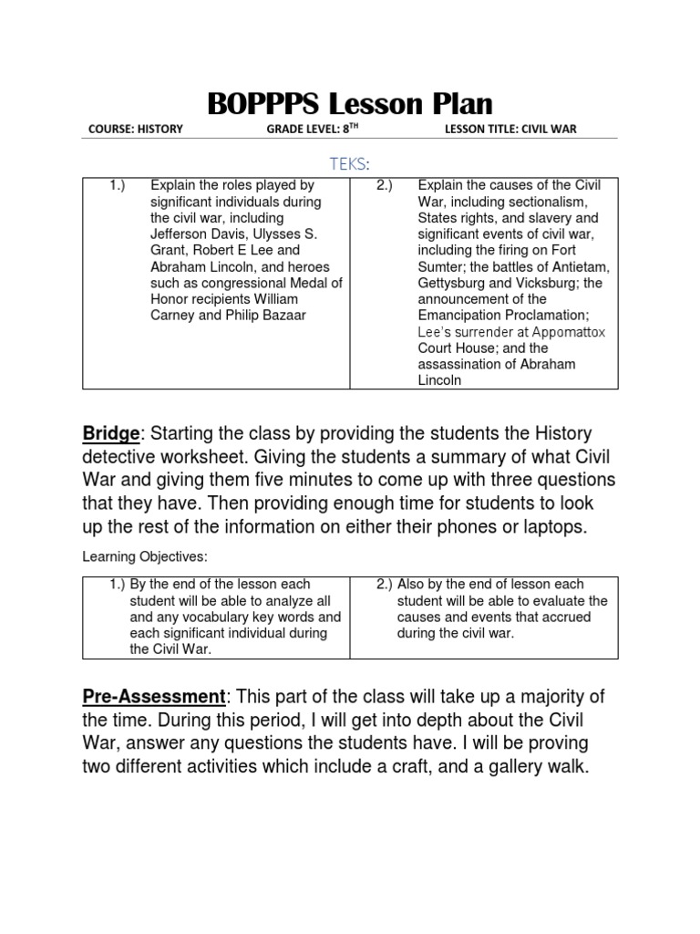 Boppps Lesson Plan | PDF | American Civil War | Abraham Lincoln