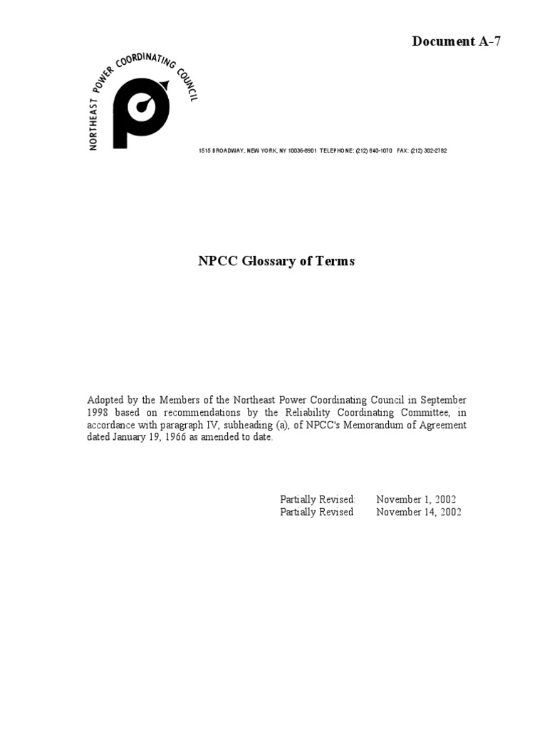NPCC Glossary of Terms | PDF | Electric Power System | Ac Power