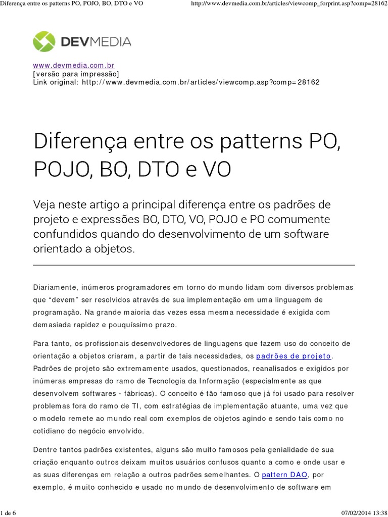 Diferença Entre Os Patterns PO, POJO, BO, DTO e VO | PDF | Padrão de ...