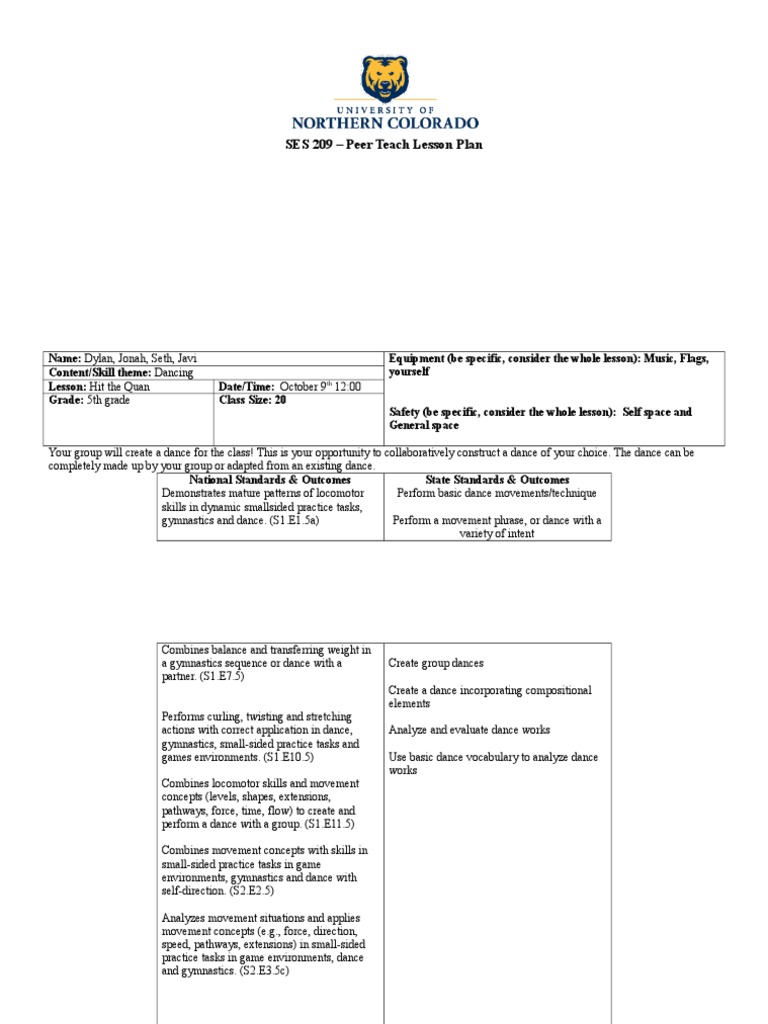 SES 209 - Peer Teach Lesson Plan | Download Free PDF | Dances | Cognition