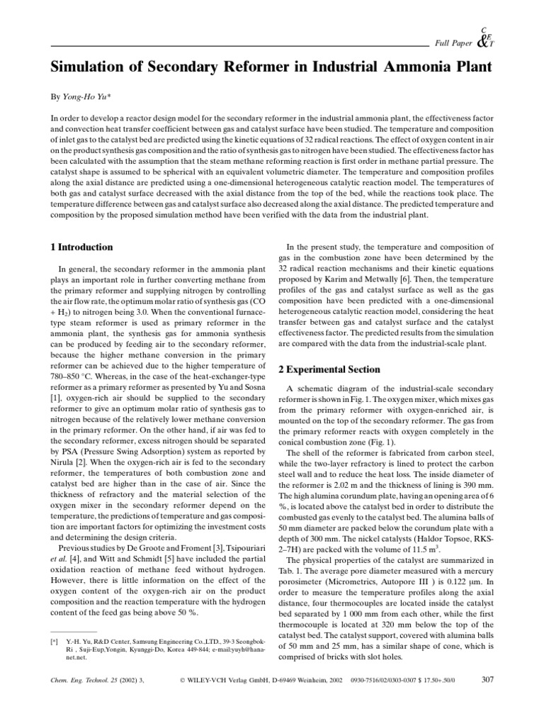 Simulation of Secondary Reformer in Industrial Ammonia Plant | PDF ...