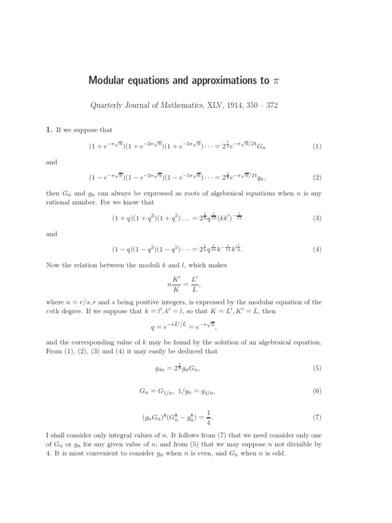 Ecuaciones Modulares y Aproximaciones de Pi | PDF | Pi | Logarithm