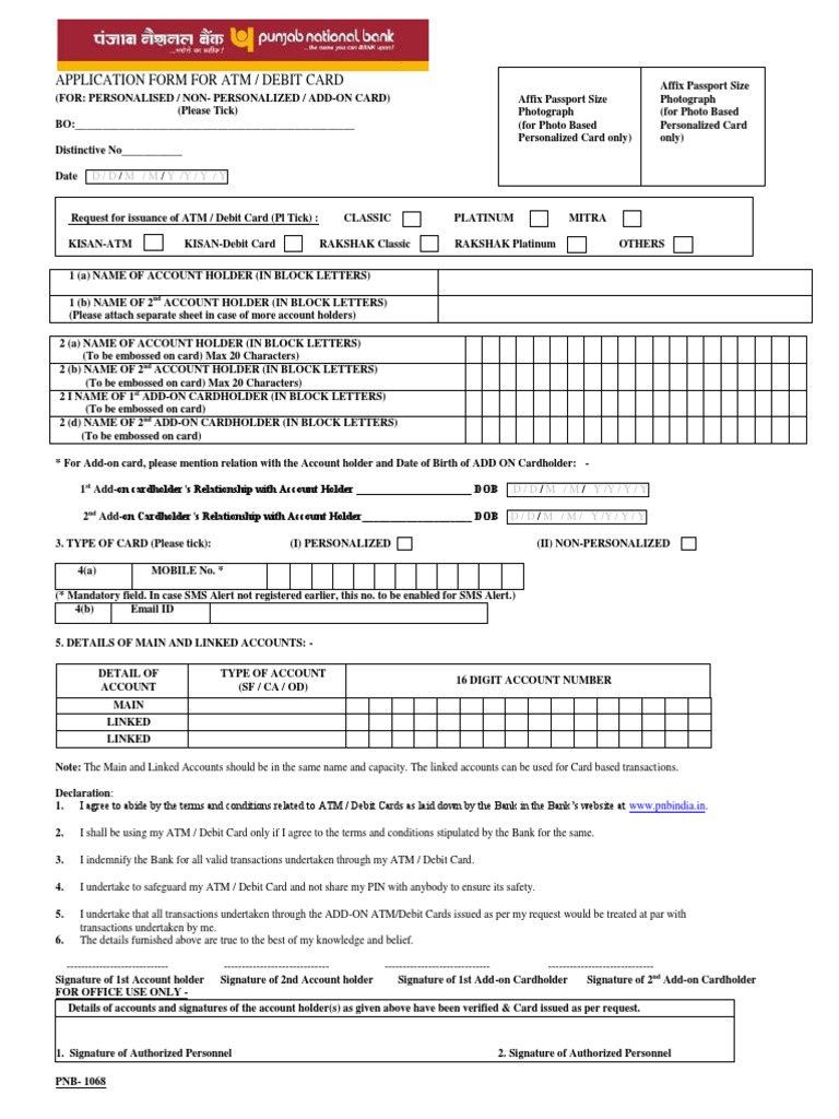 Application Form For Atm / Debit Card: D / D M / M Y /Y / Y / Y | PDF | Debit Card | Automated ...