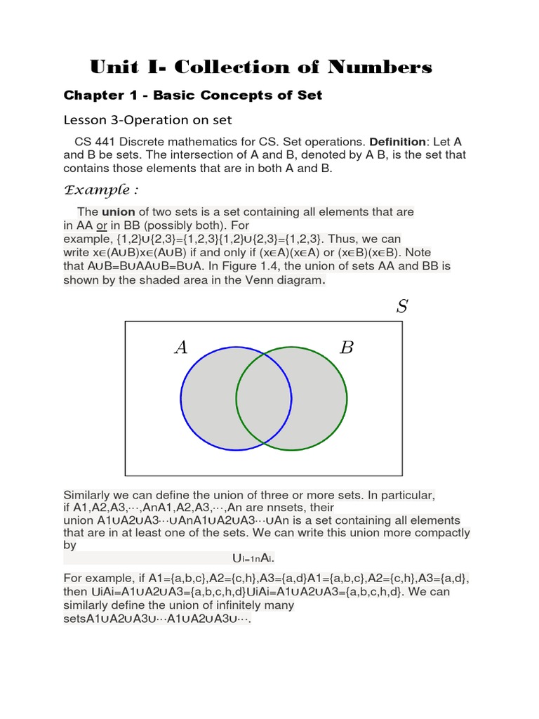 Unit I-Collection of Numbers: Lesson 3-Operation On Set | PDF ...