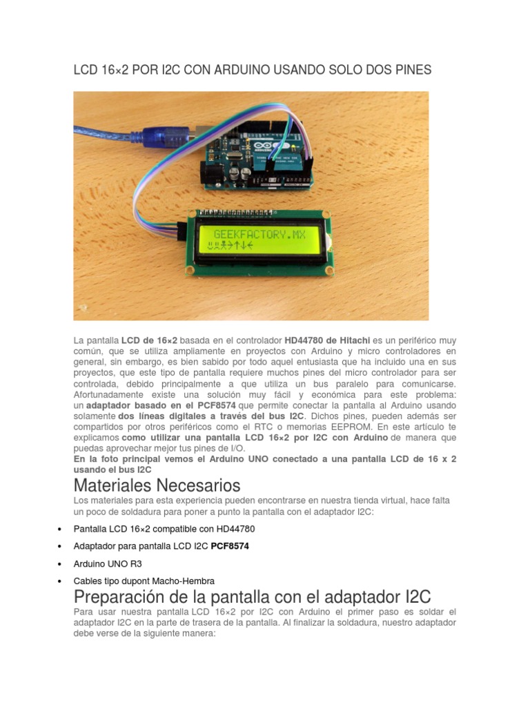 Uso I2C Pantalla LCD16x2 | PDF | Arduino | Pantalla de cristal líquido