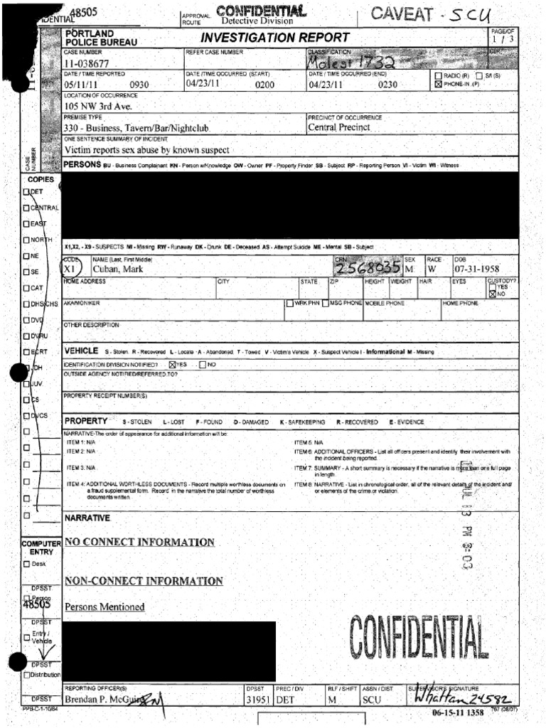 Redacted Police Report of Mark Cuban Sexual Assault Allegation | PDF