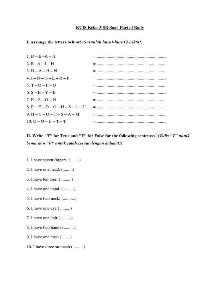 KUIS Kelas 5 SD Soal Part of Body | PDF