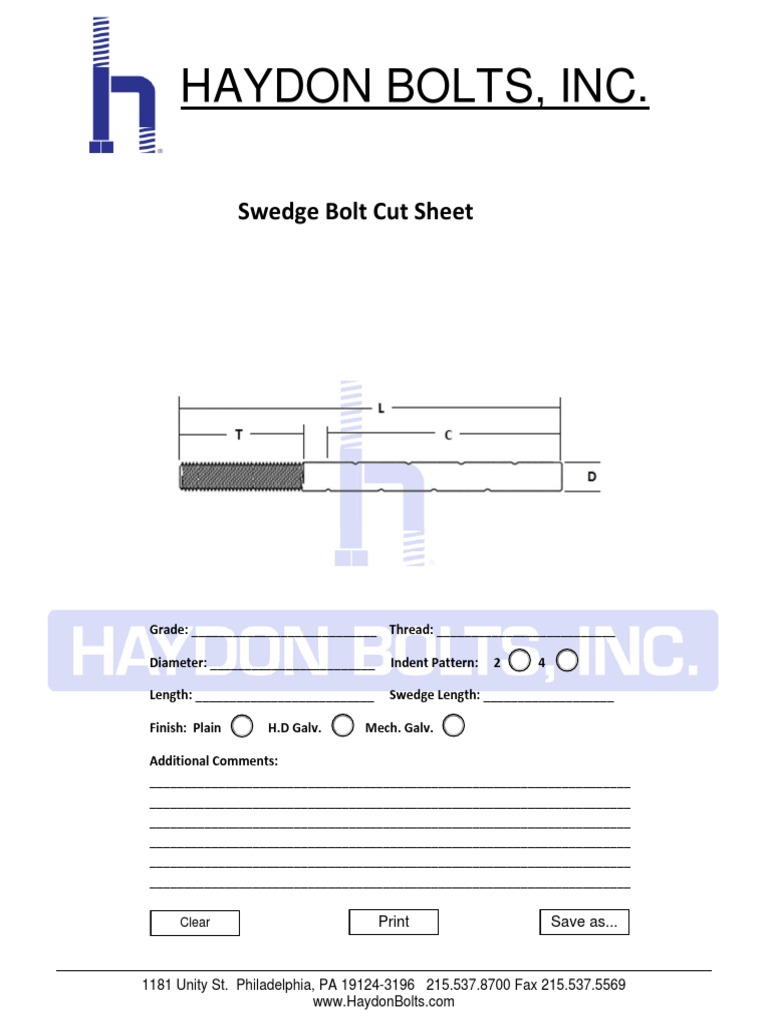 Swedge Bolt Cut Sheet Details | PDF | Business