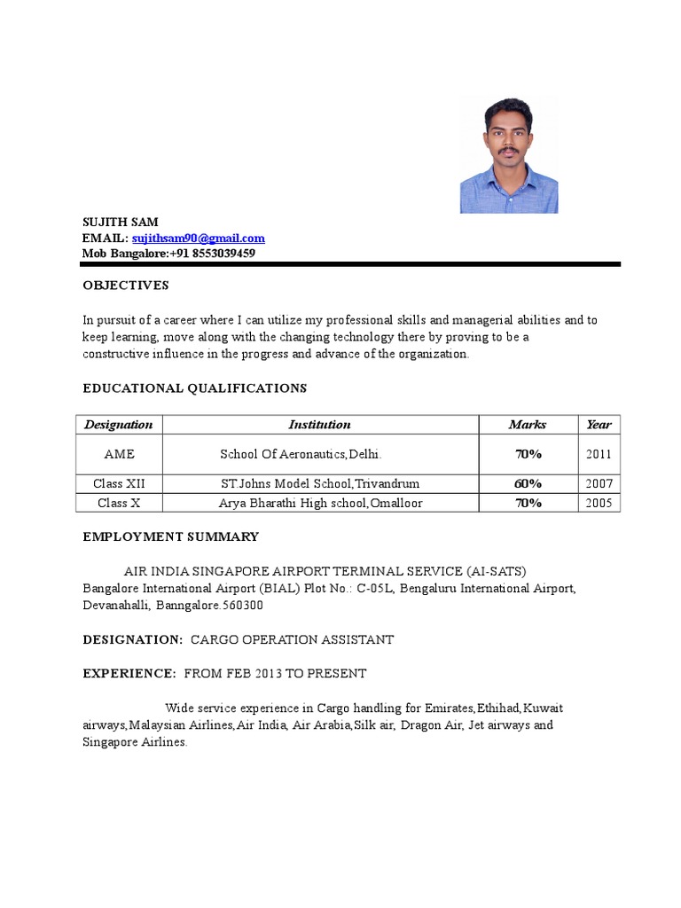 Sujith Sam's Resume: Seeking a Career in Cargo Operations Utilizing 6 ...
