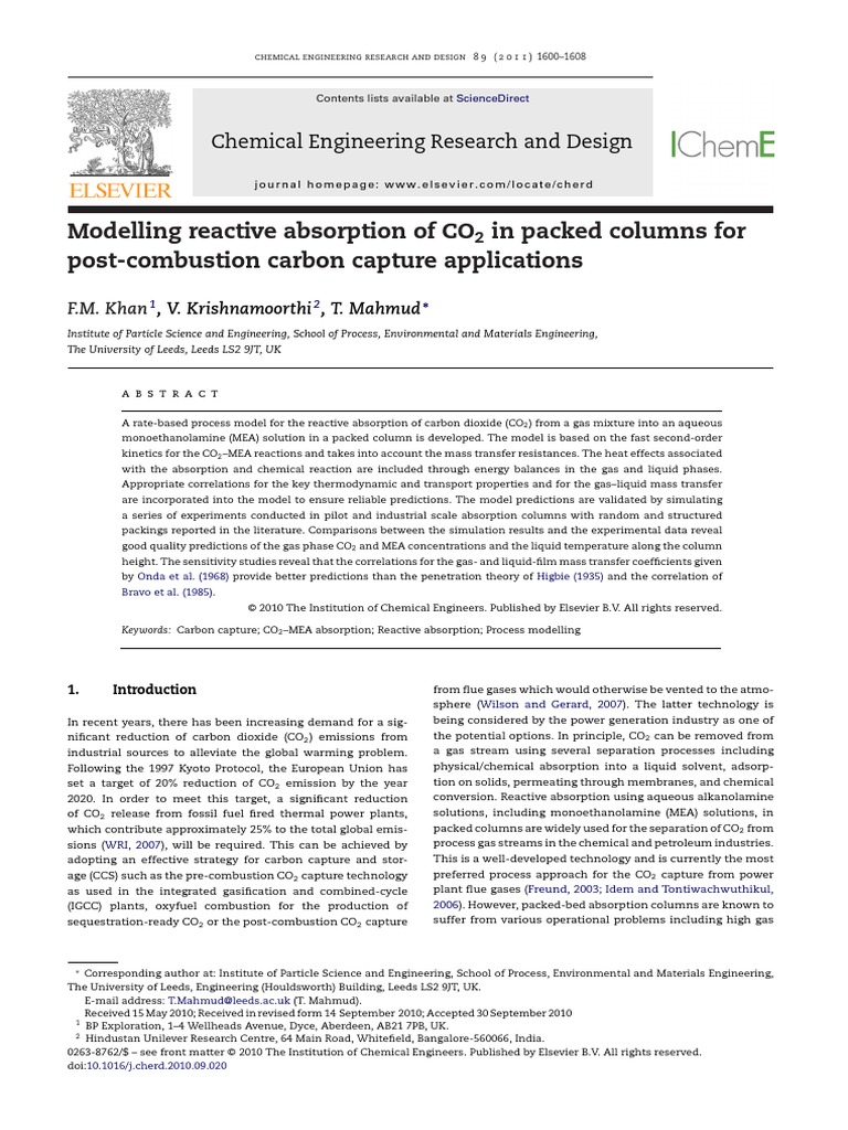 Modelling Reactive Absorption of CO2 in Packed Columns | Download Free PDF | Carbon Capture And ...