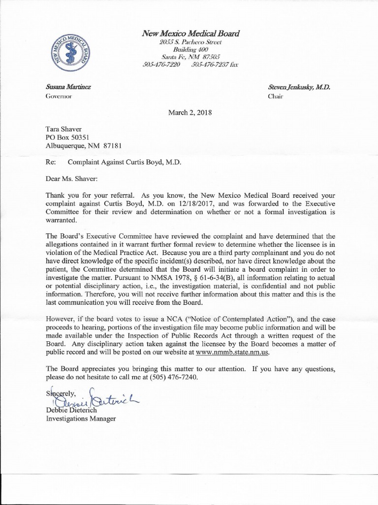 New Mexico Medical Board Letter Confirms Curtis Boyd Under Investigation