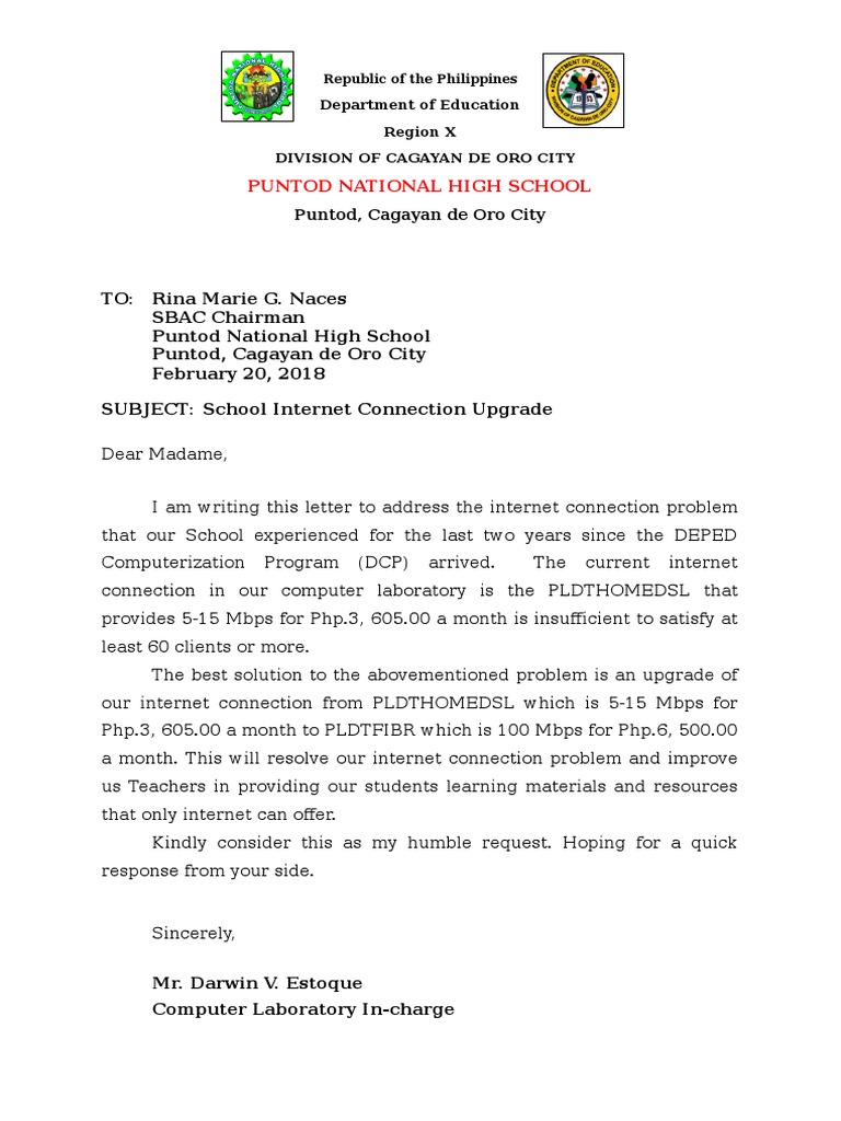 Request for Internet Upgrade at Puntod High | PDF
