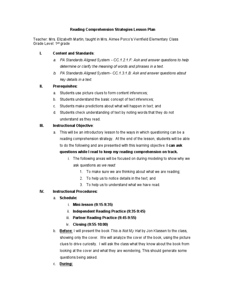 Educ 529 - Reading Comprehension Strategies Lesson Plan | PDF | Reading ...