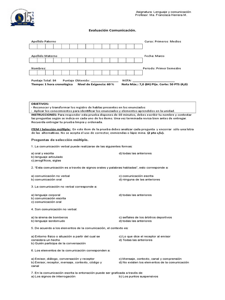 Prueba Comunicacion 1° Medio | PDF | Conversacion | Comunicación ...