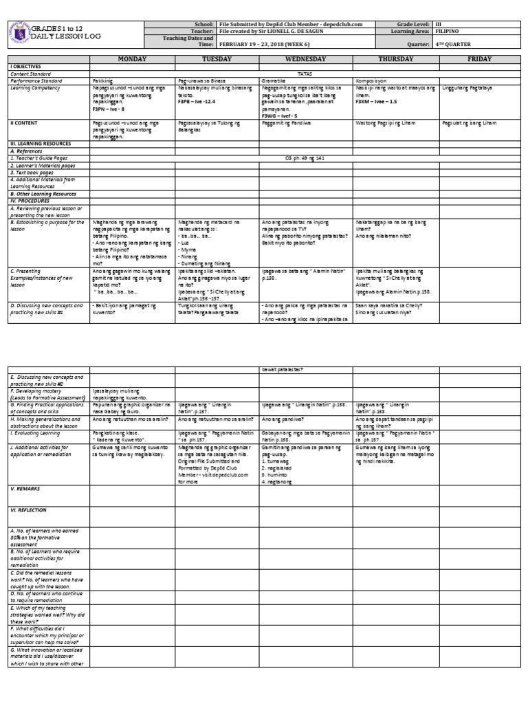 DLL - Filipino 3 - Q4 - W6 | PDF