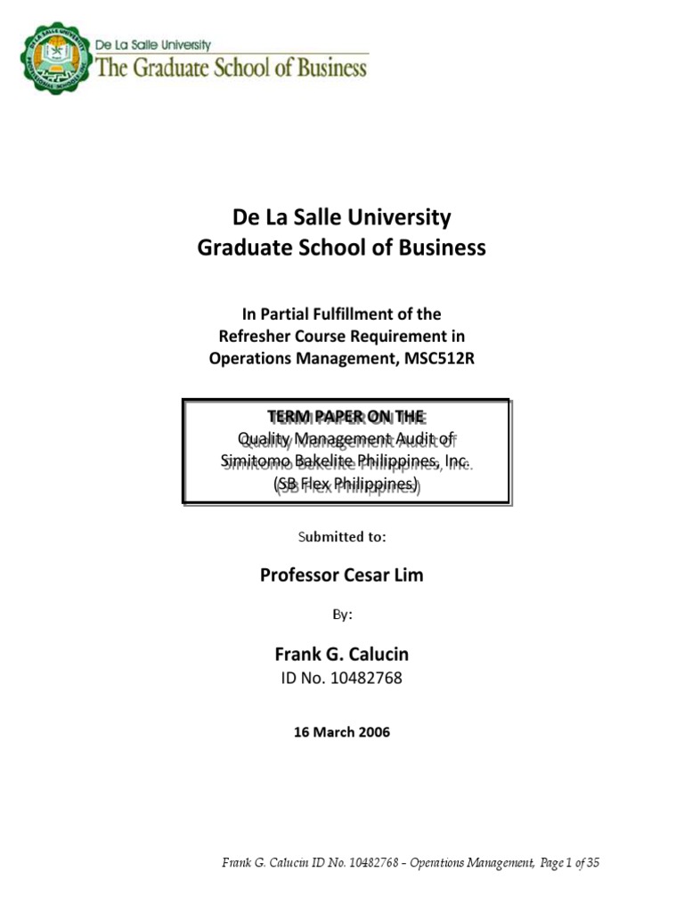 DLSU MBA Operations Management Term Paper Final | PDF | Quality ...