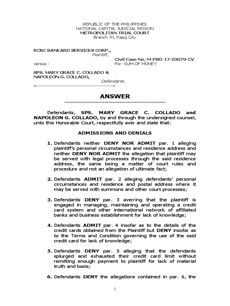 Answer Mary Grace | PDF | Lawsuit | Complaint