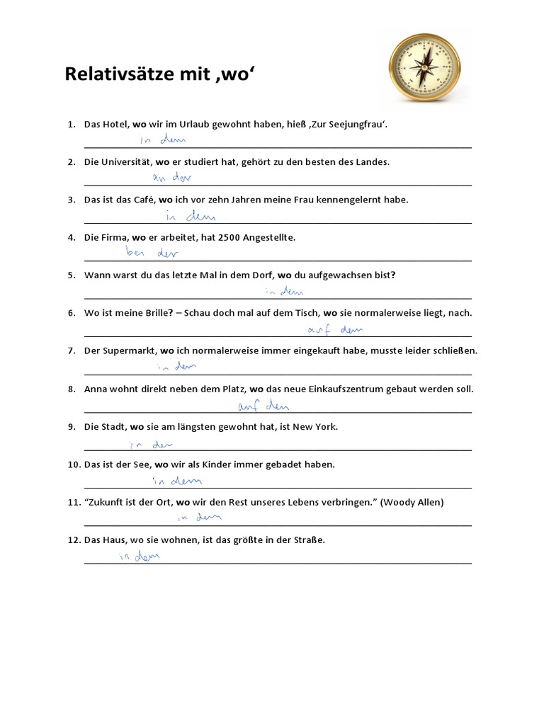 Relativsätze Mit Wo Übung
